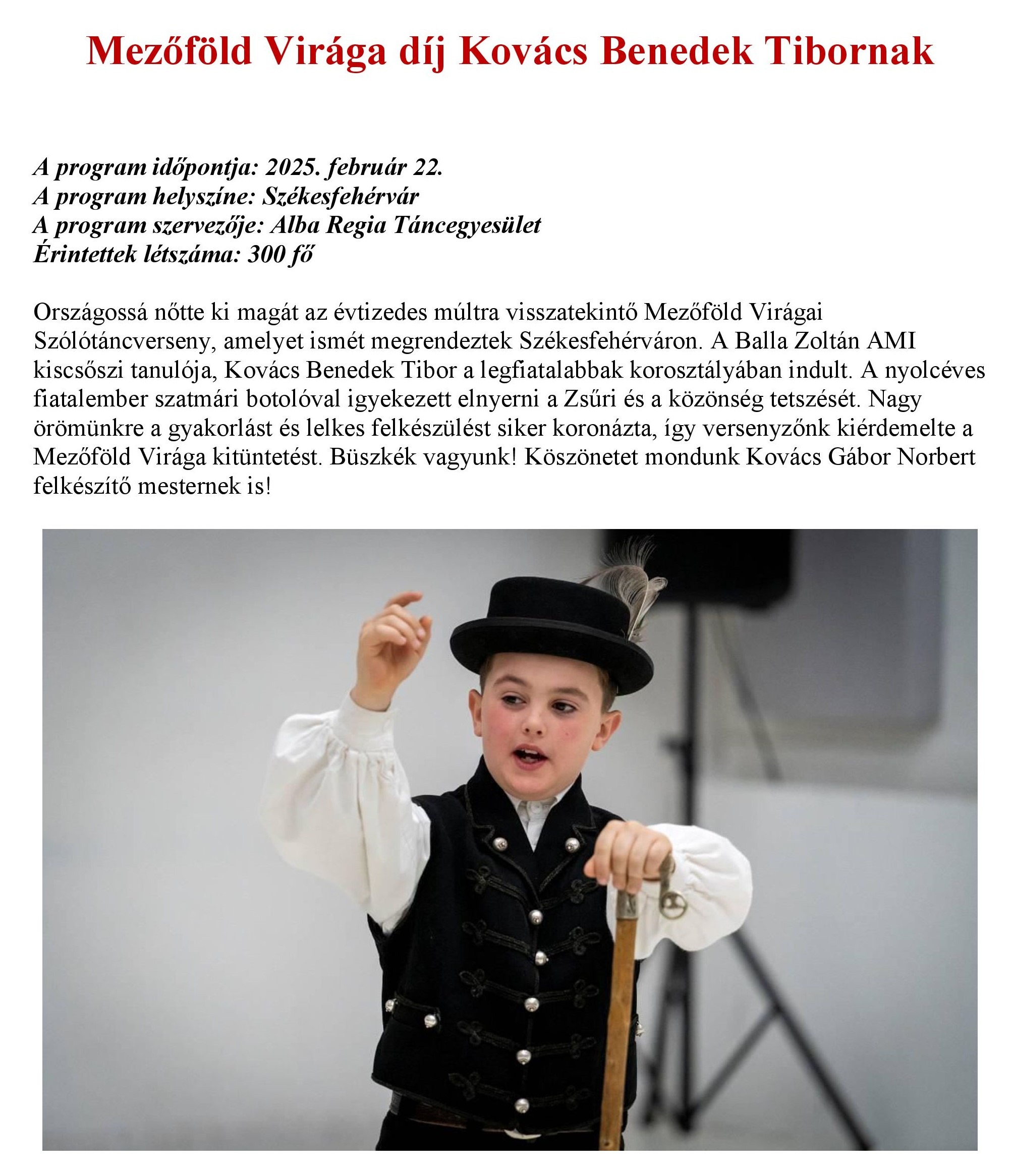 Mezőföld Virága díj Kovács Benedek Tibornak